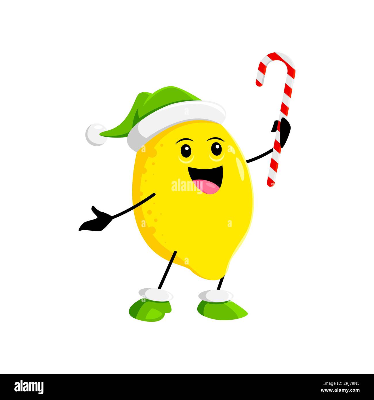 Cartoon cheerful Christmas holiday lemon fruit character wearing an elf ...