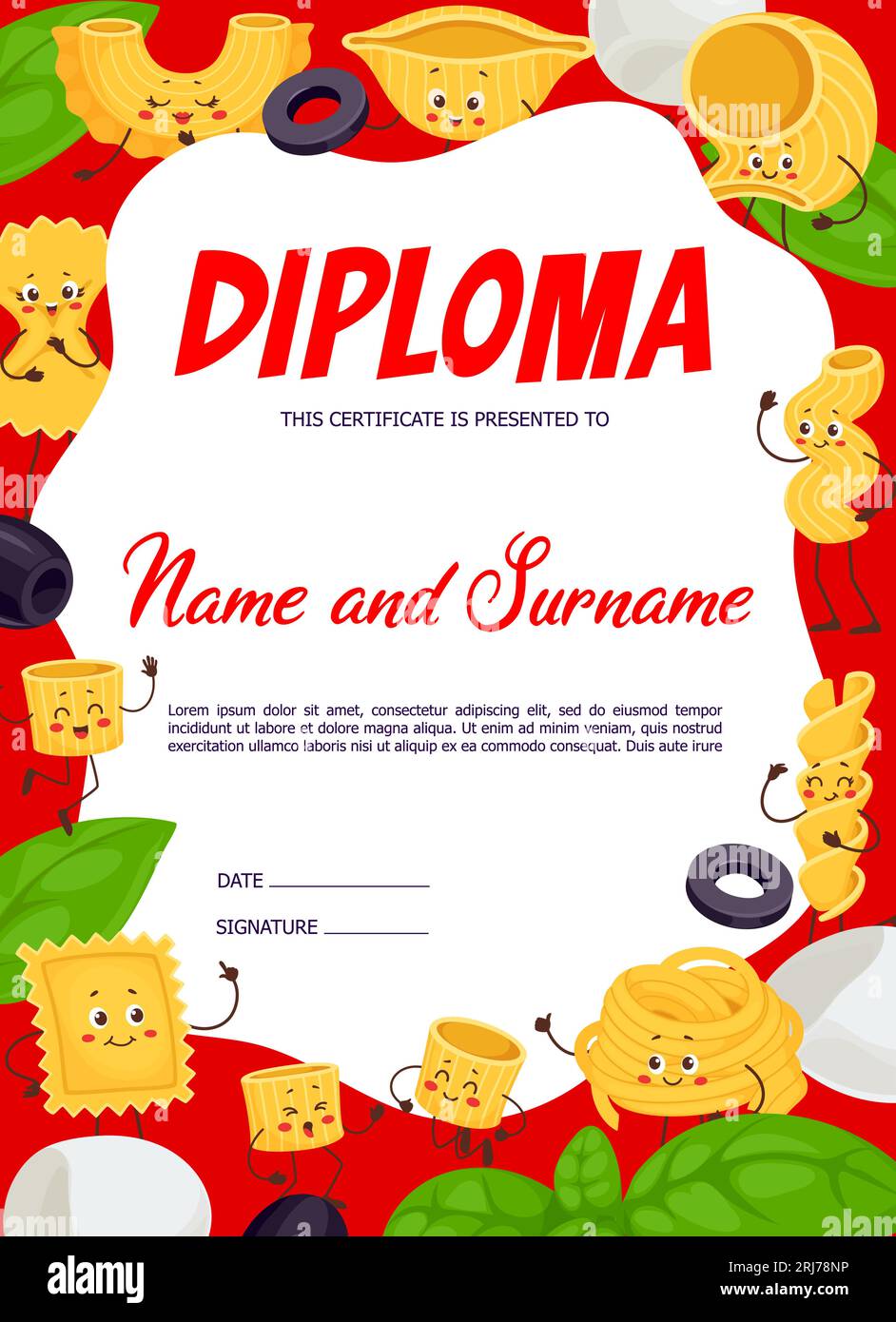 Kids chef diploma with funny italian pasta characters. Little chef ...
