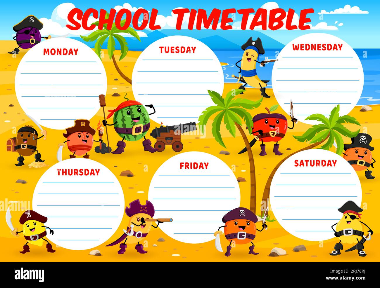 Education timetable schedule. Cartoon fruit captain, pirate sailors and ...