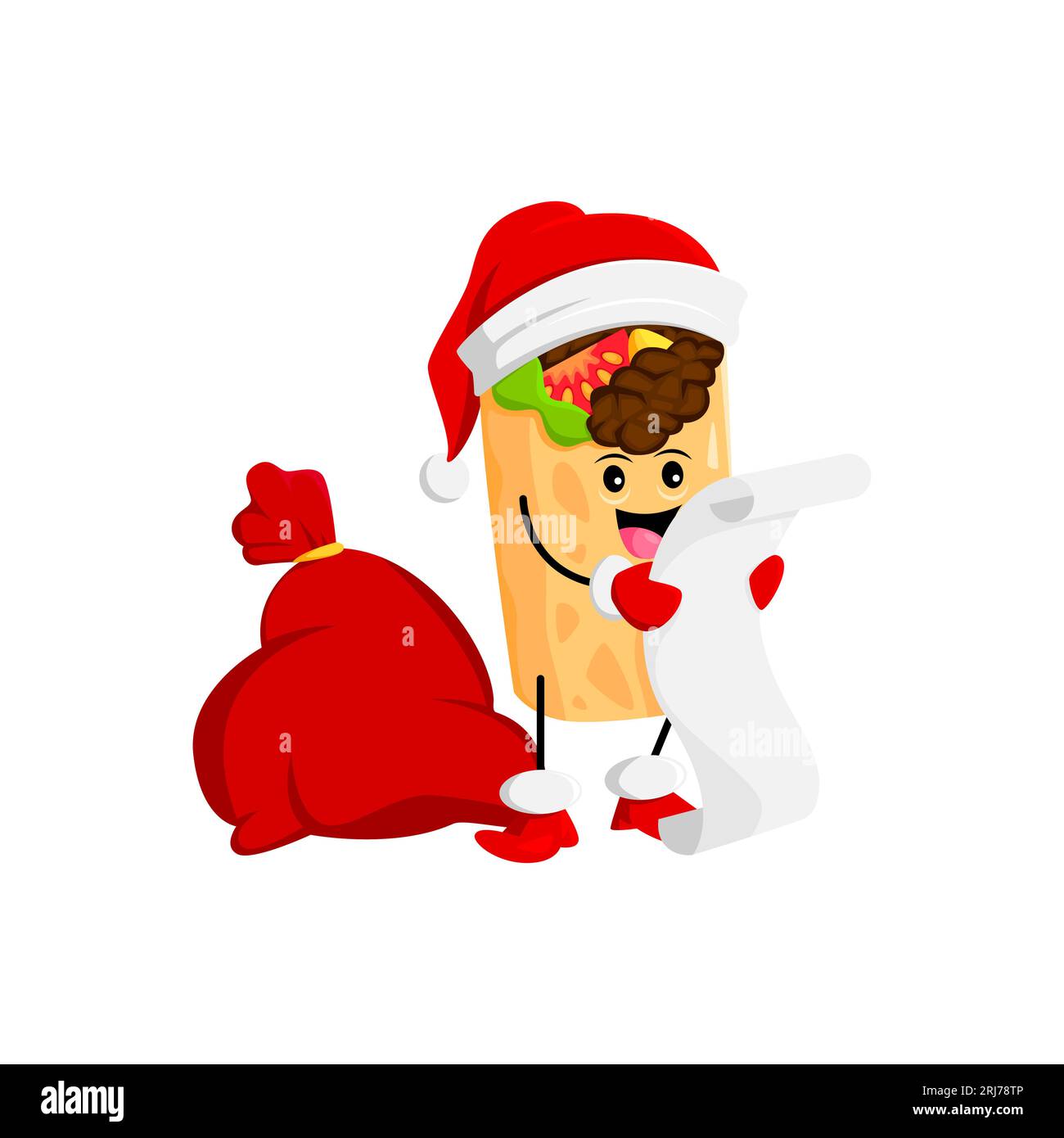 Cartoon Christmas Santa mexican burrito character with gifts bag ...
