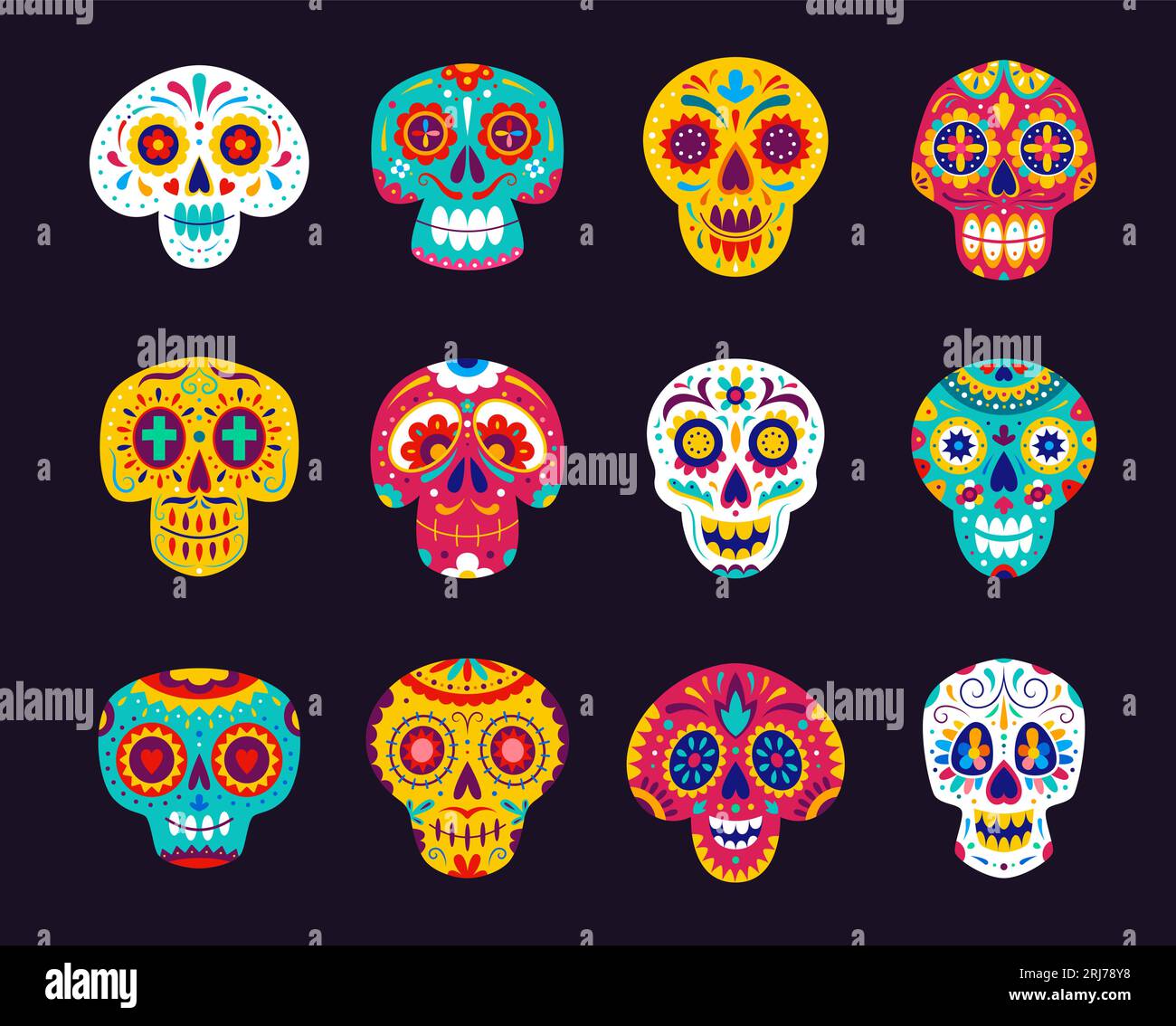 Mexican calavera sugar skulls. Cartoon vector set of dia de los muertos ...