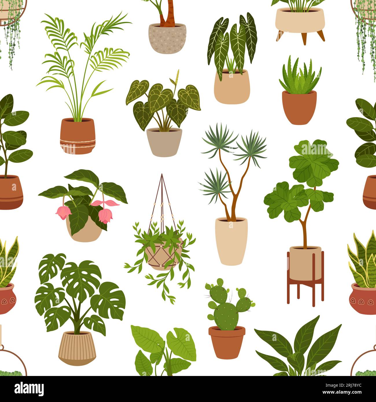 Pot with green plants seamless pattern, flowers and succulents. Office ...
