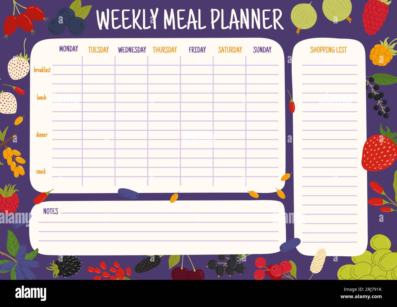Weekly meal planner. Forest and garden berries. Vector food plan for ...