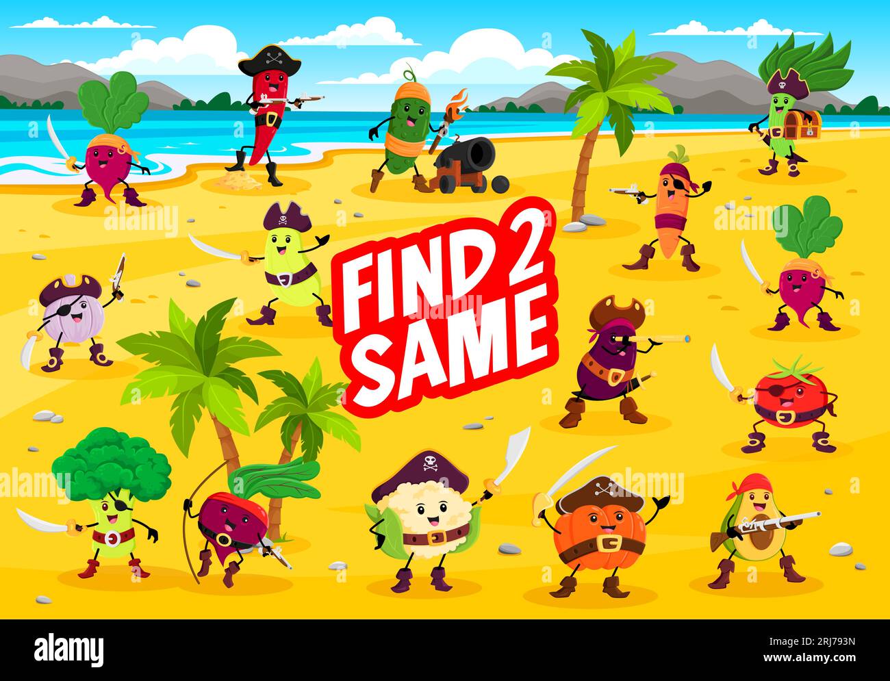 Find two same cartoon vegetable pirate or corsair characters, vector ...