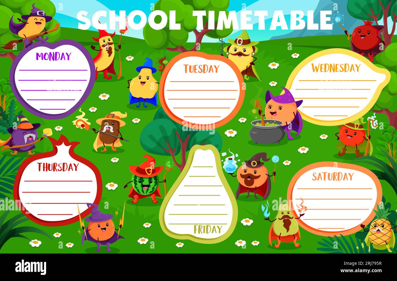 Education timetable schedule. Cartoon Halloween fruit wizards and mages ...