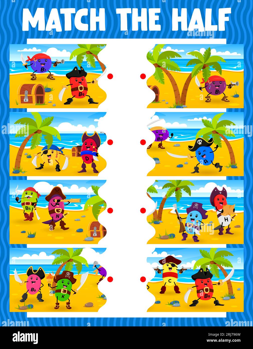 Match the half of cartoon vitamin pirates and corsairs. Piece connect ...