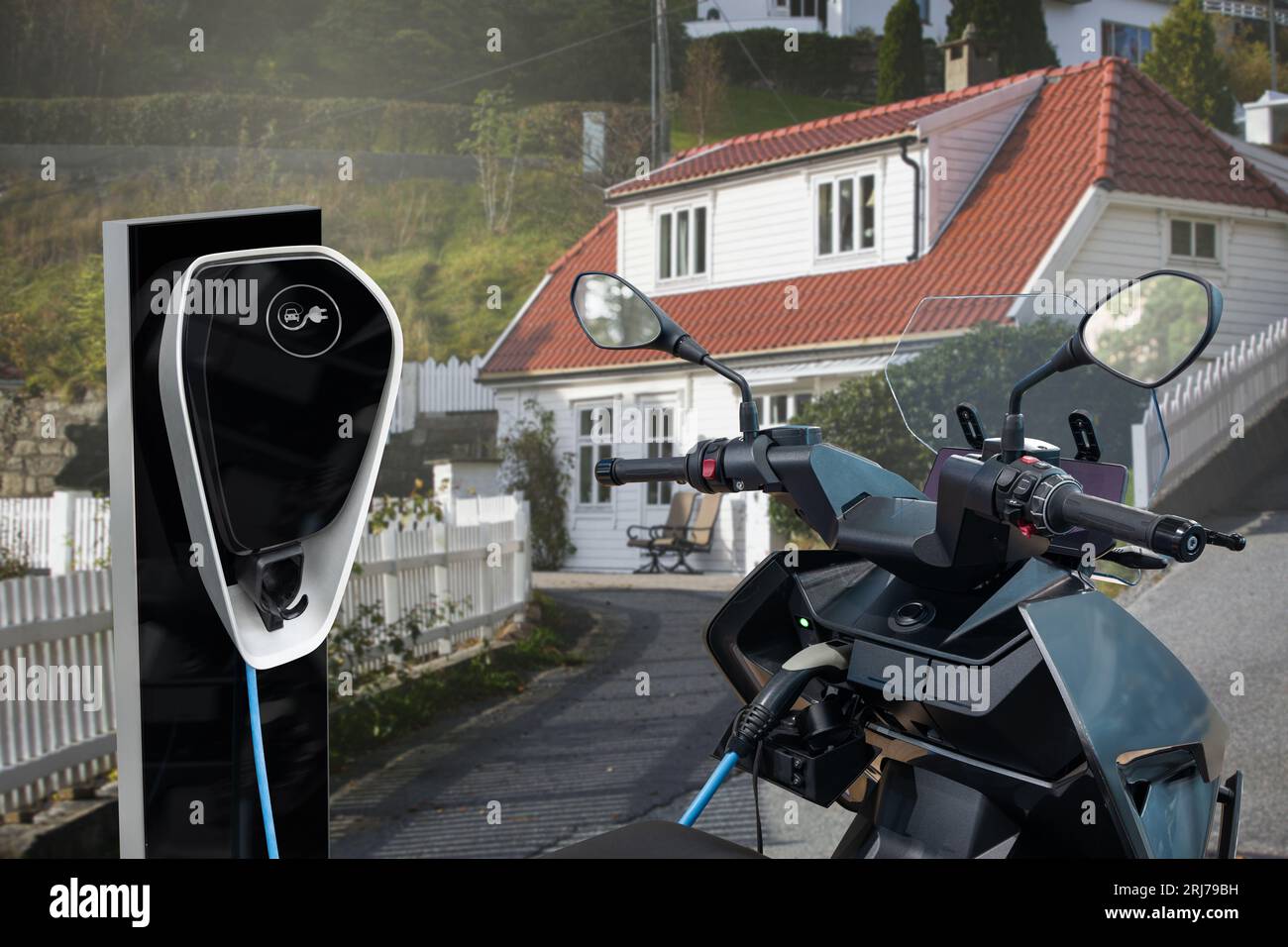 Electric scooter for sharing with charging station on a city street of ...