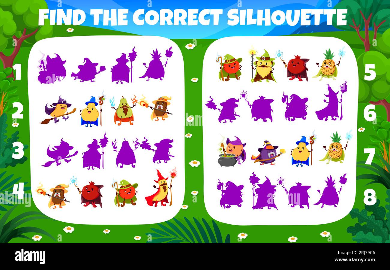 Find the correct shadow of cartoon fruit wizards and mages characters ...