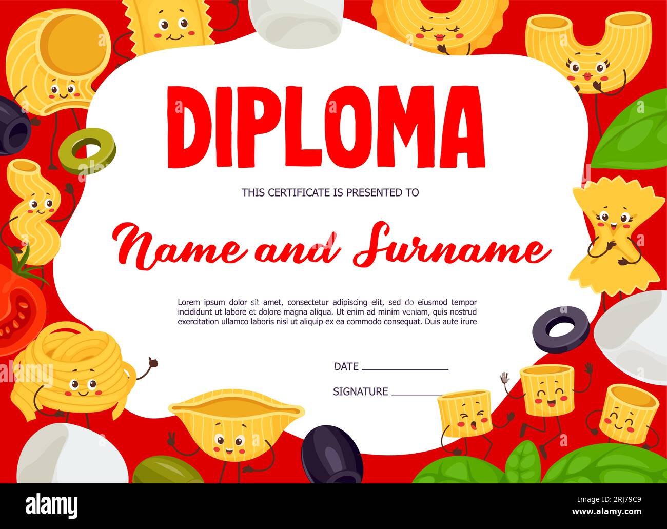 Kids chef diploma template with funny italian pasta characters. Vector ...