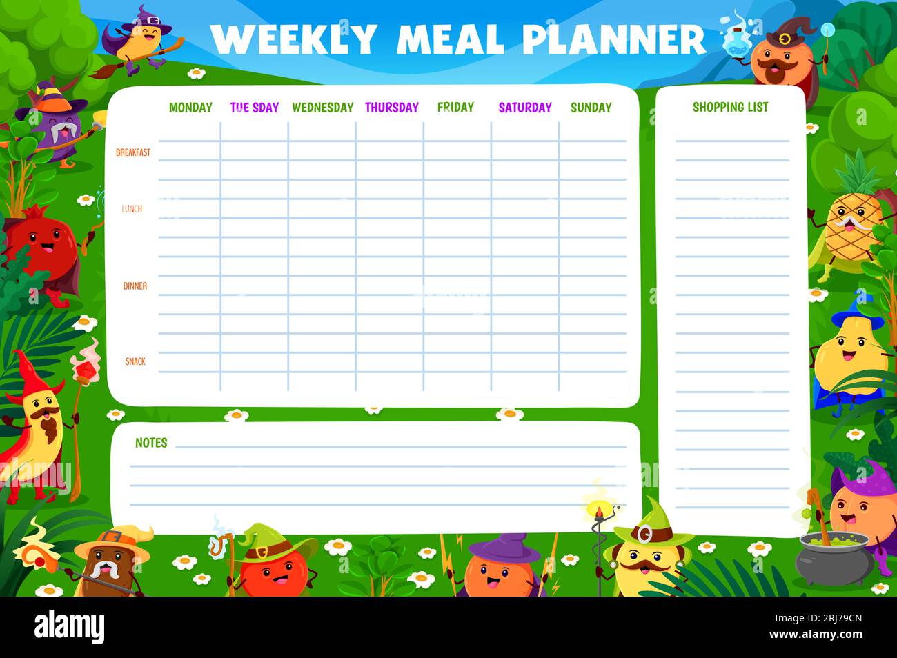 Weekly meal planner. Cartoon Halloween fruit wizards and mages. Diet ...