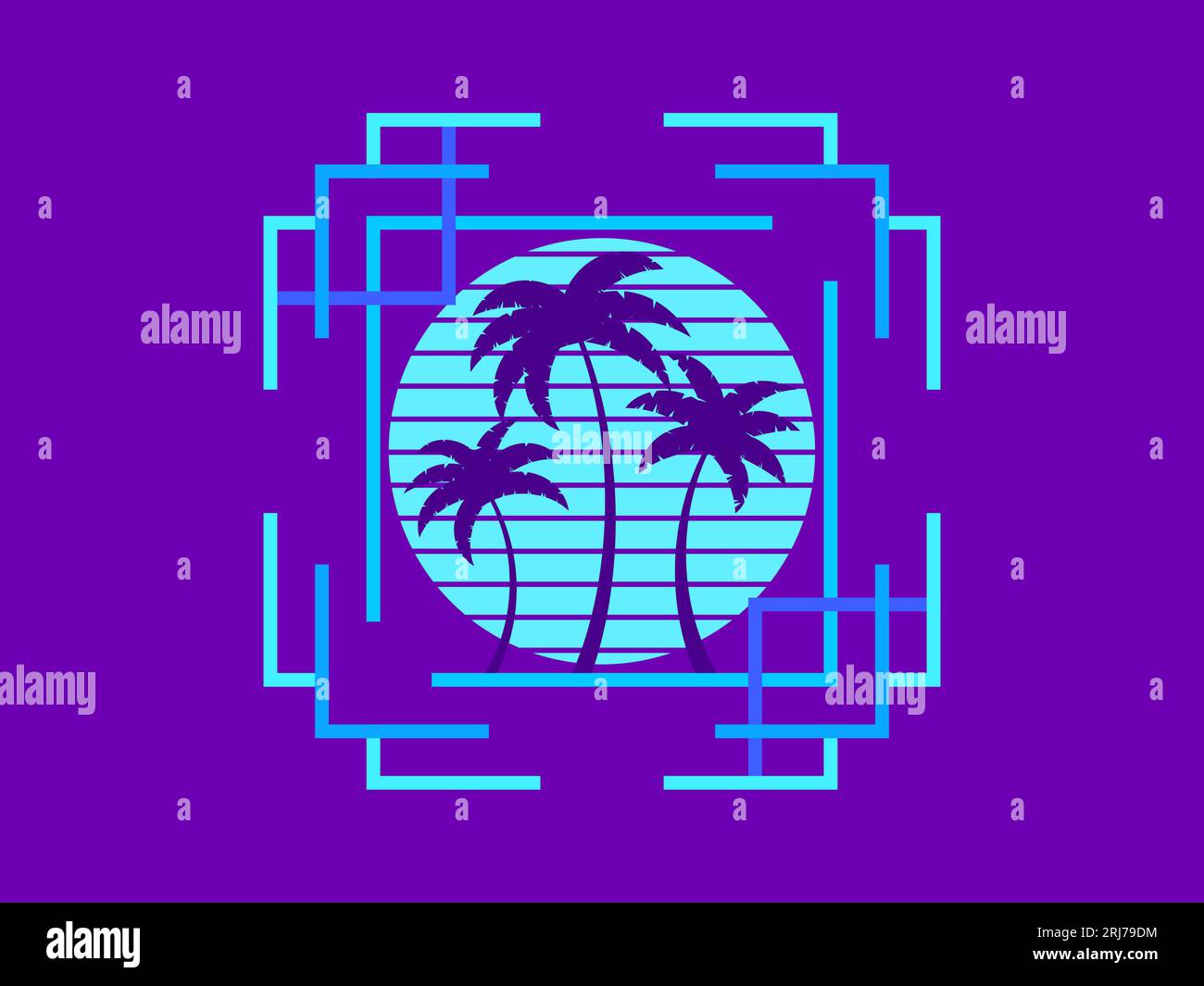Retro sci-fi palm trees from the 80s at sunset in a square frame. Retro ...