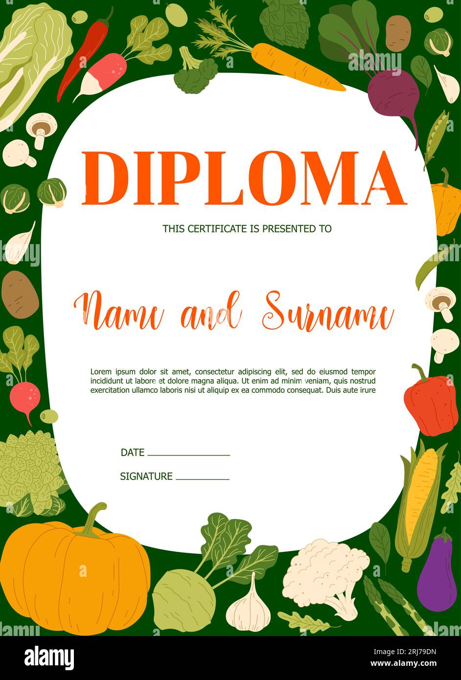 Farmer diploma with autumn harvest raw vegetables. Farmer achievement ...