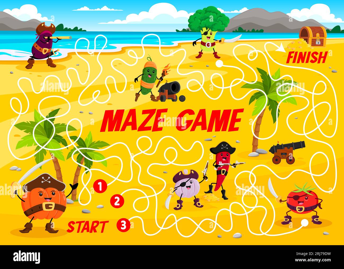 Labyrinth maze game with cartoon vegetable pirate or corsair characters ...