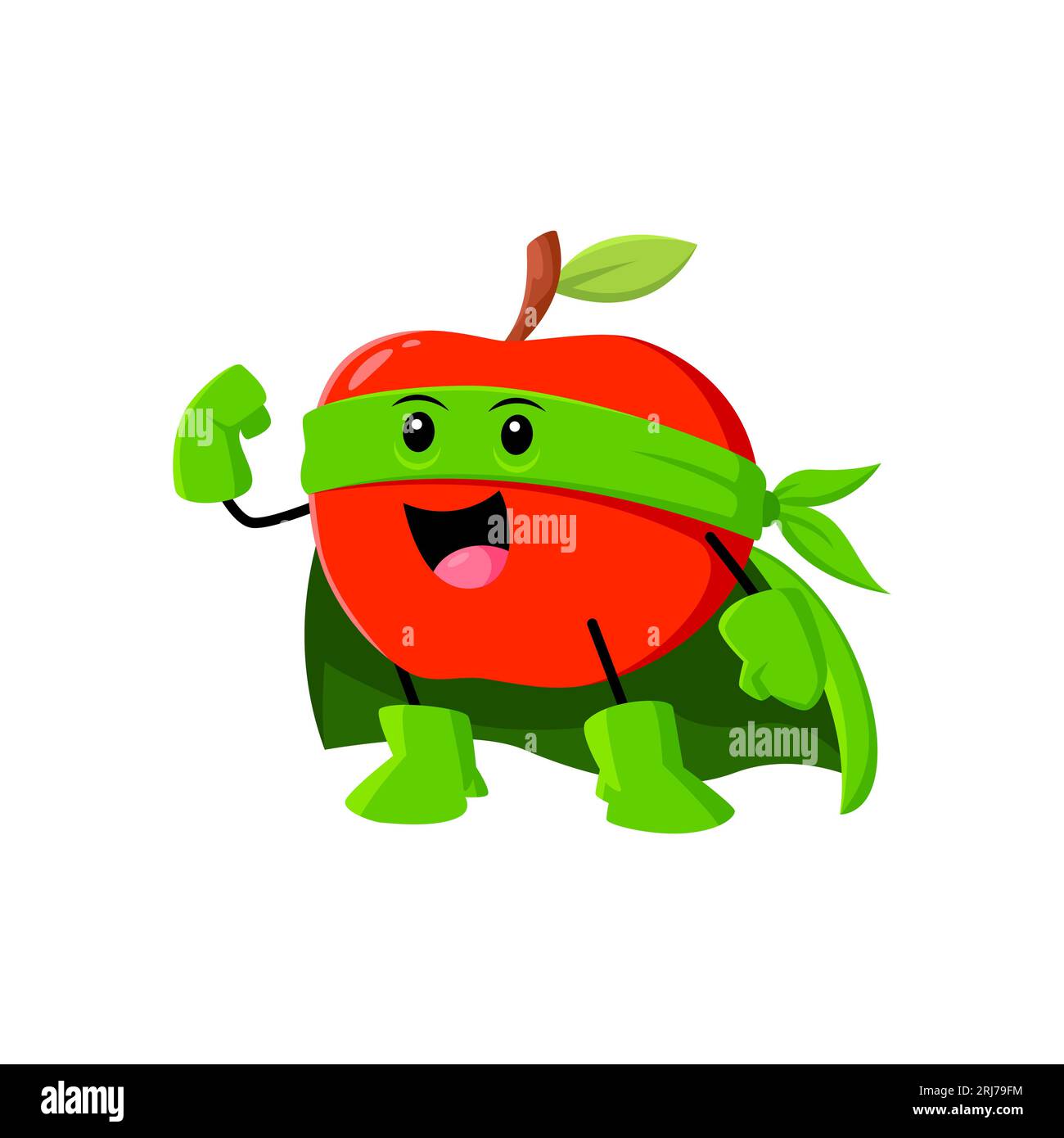 Cartoon red apple fruit superhero defender character. Vector funny ...