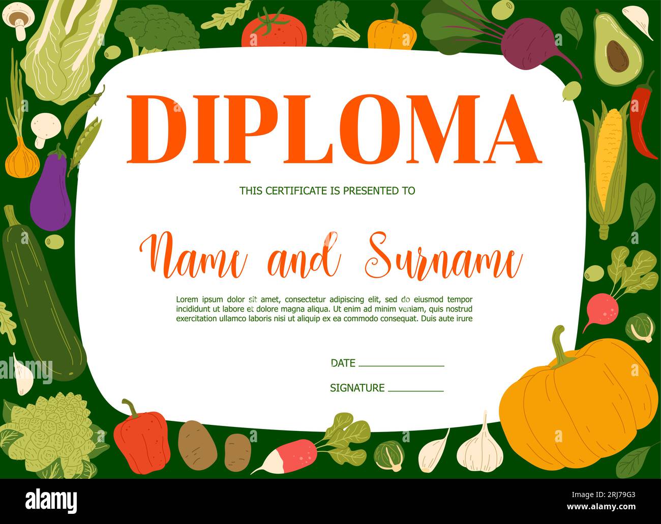 Farmer diploma with autumn harvest raw vegetables. Farmer achievement ...