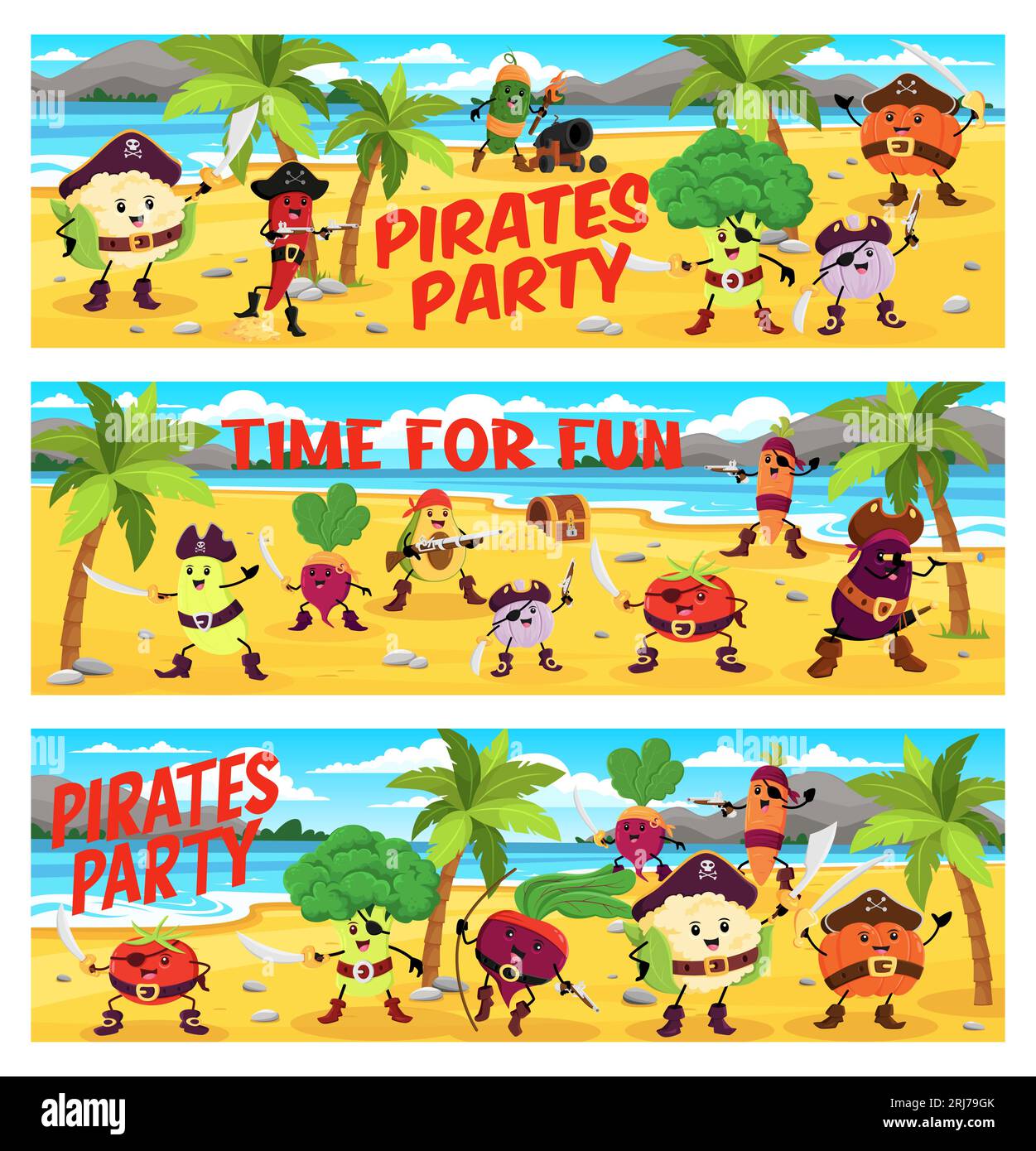Cartoon vegetable pirate or corsair characters, kids party with funny ...