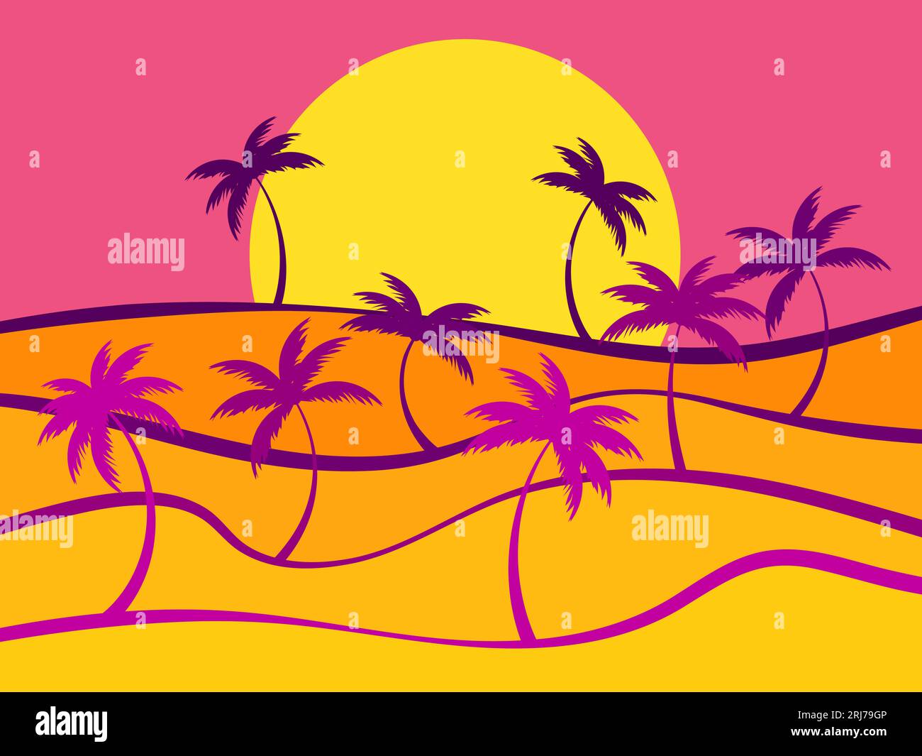 Wavy desert landscape with sun and palm trees. Sunrise in the desert ...