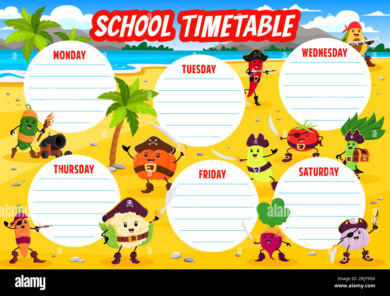 School timetable schedule, cartoon vegetable pirate corsair characters ...