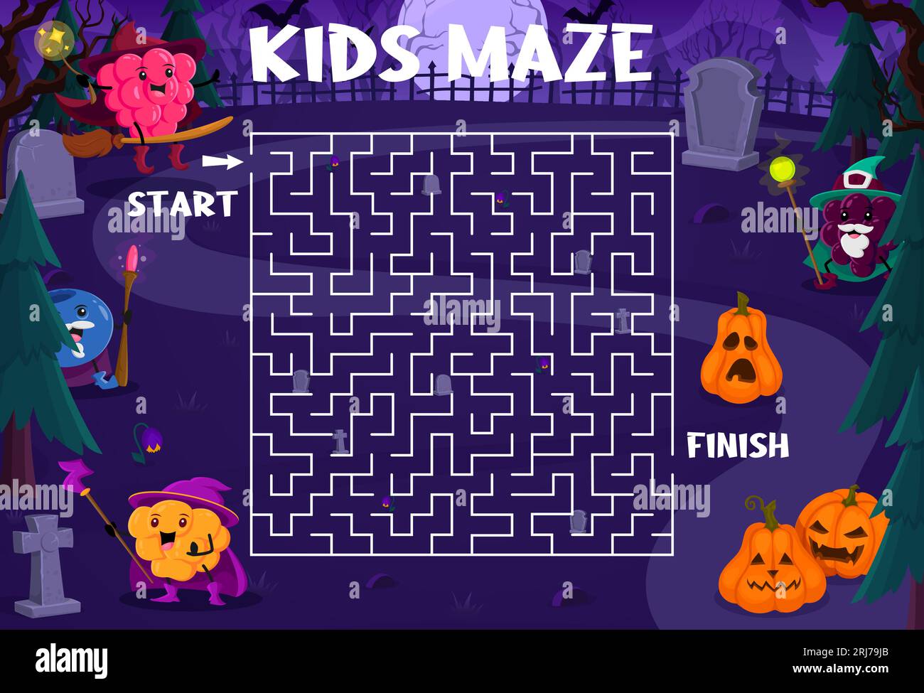 Halloween kids labyrinth maze, help to cartoon berry wizard find a ...