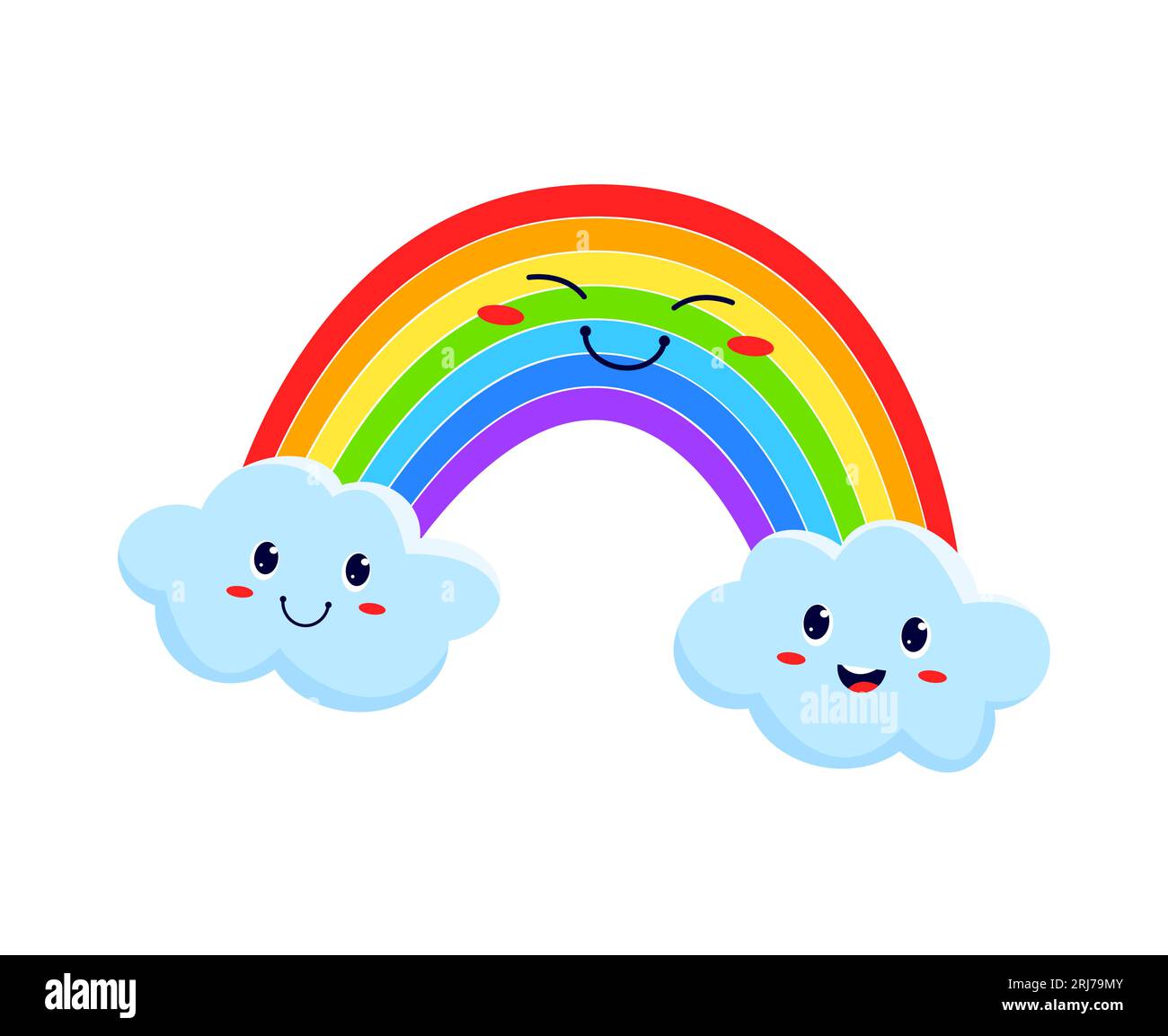 Funny rainbow and smiling clouds, cute characters. Vector rainbow ...