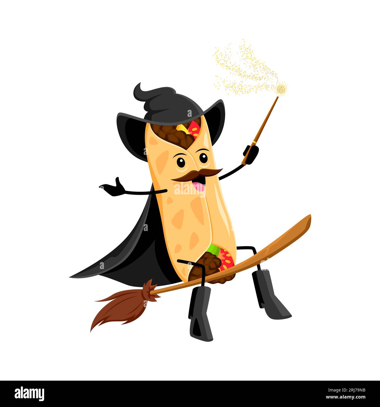 Cartoon Halloween burrito tex mex food wizard and mage character ...