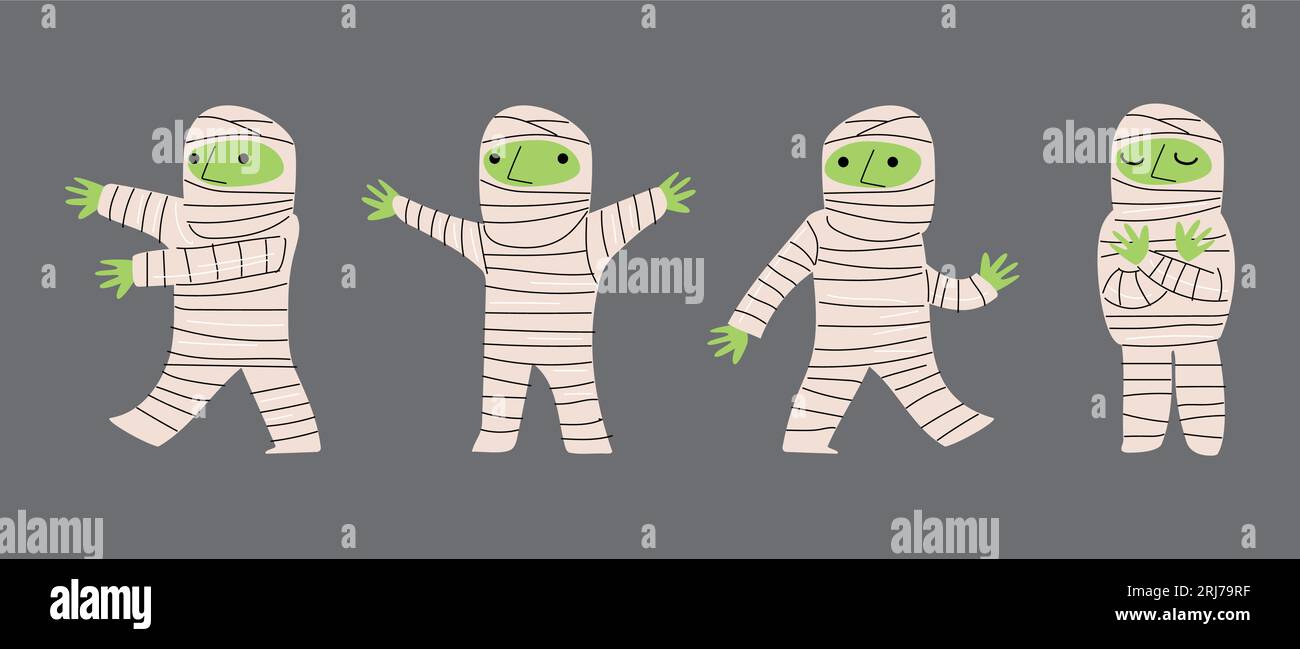 Set of cute Mummy . Halloween cartoon characters . Doodle drawing style ...