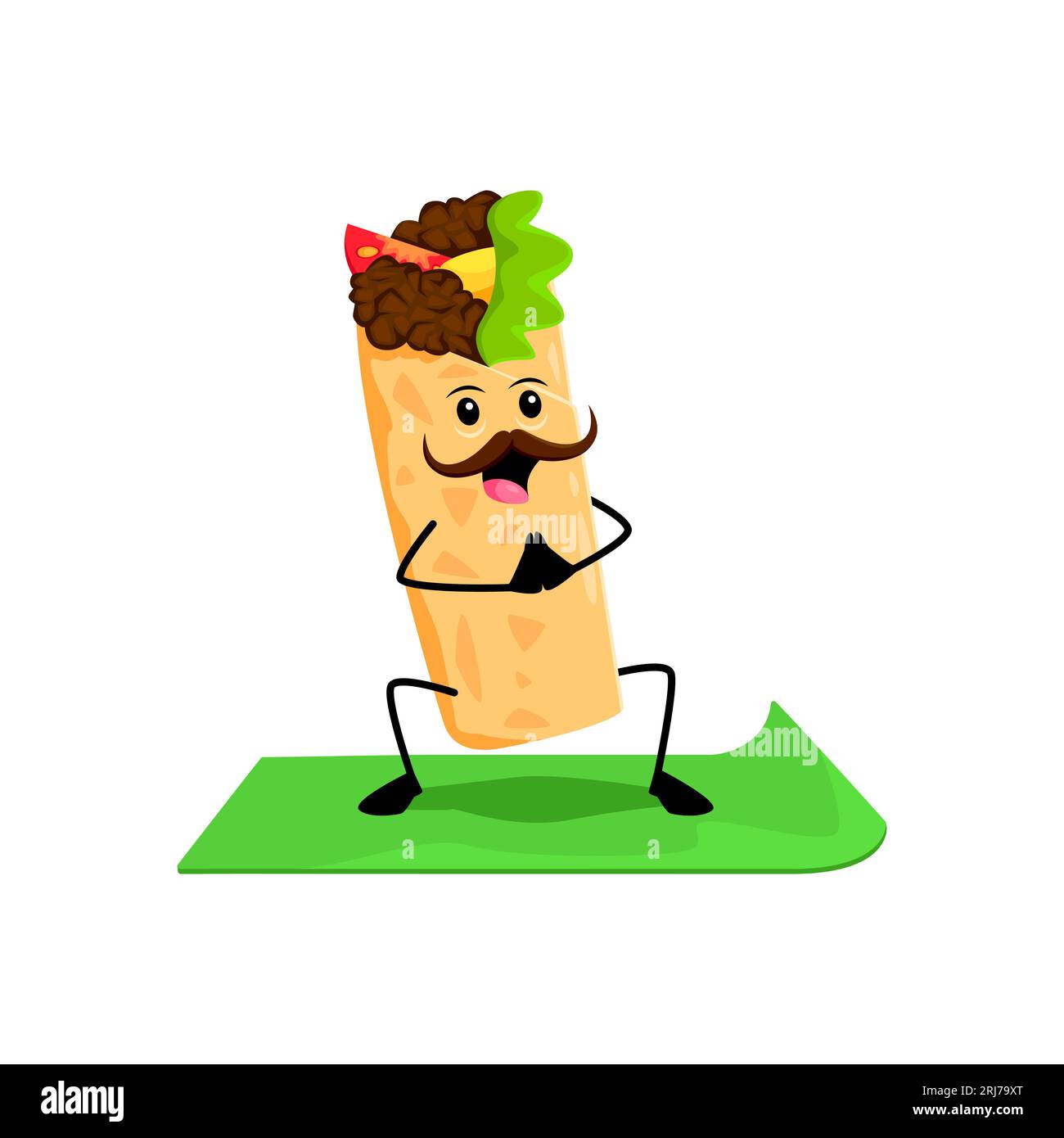 Cartoon Tex Mex Mexican food burrito character on yoga fitness. Mexican ...