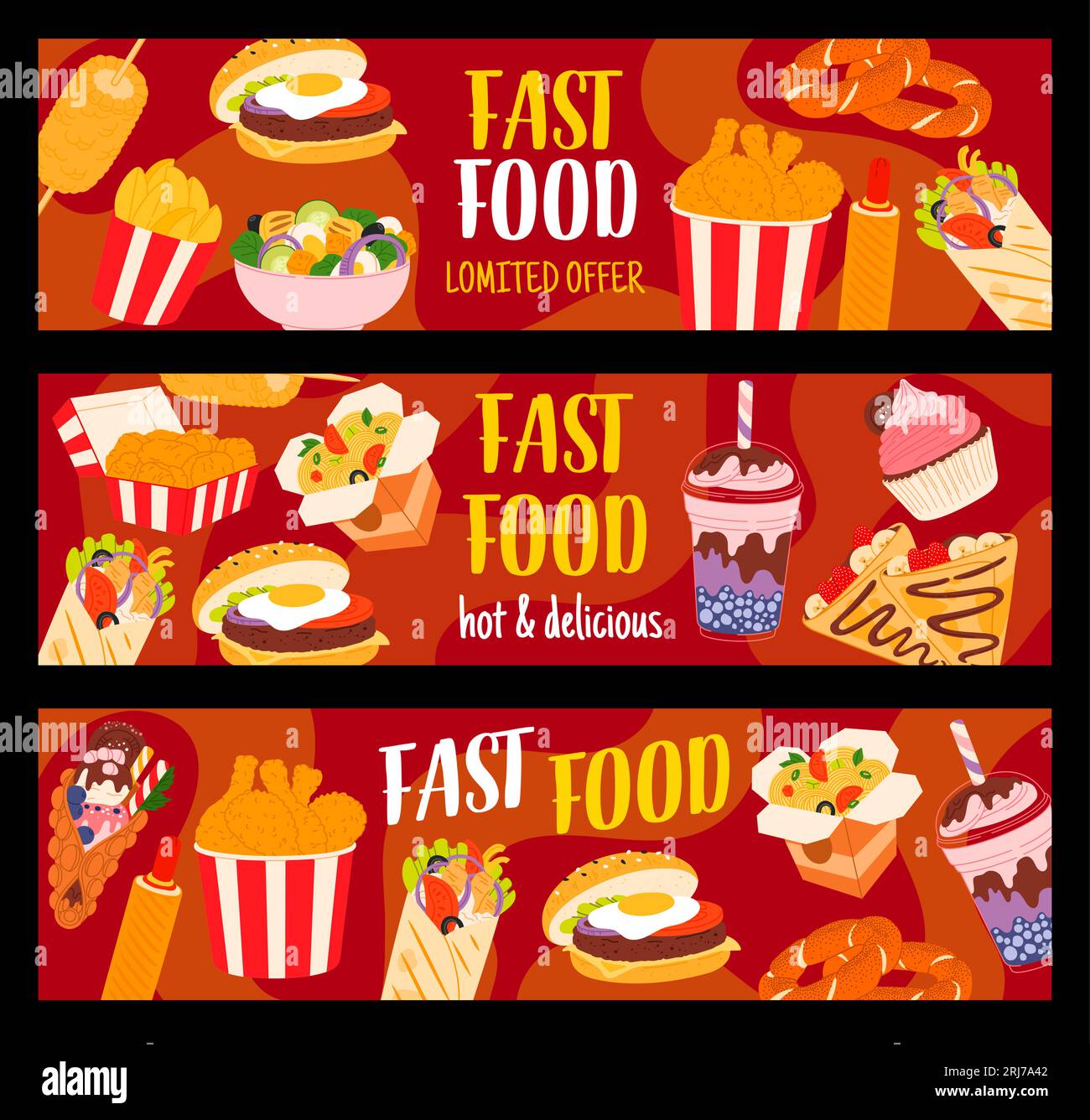 Fast food and desserts horizontal vector banners. Fried potato, salad ...
