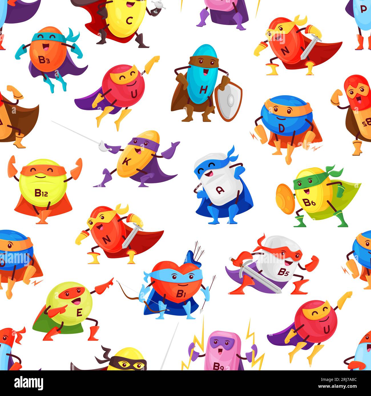 Cartoon vitamin superhero characters seamless pattern. Vector tile ...