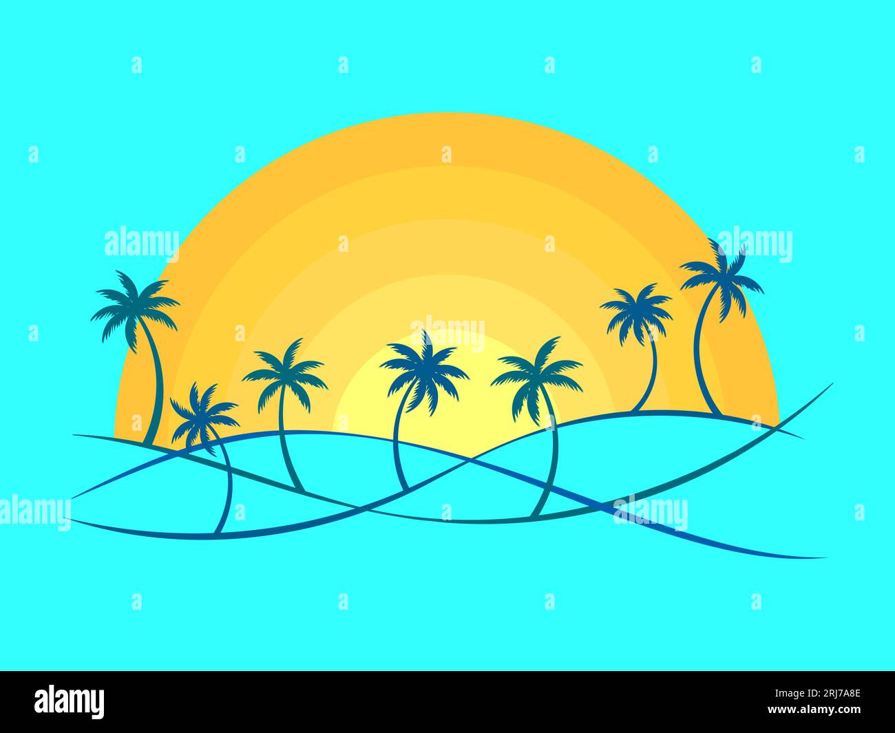 Line landscape outline with palm trees and rising sun on a blue ...
