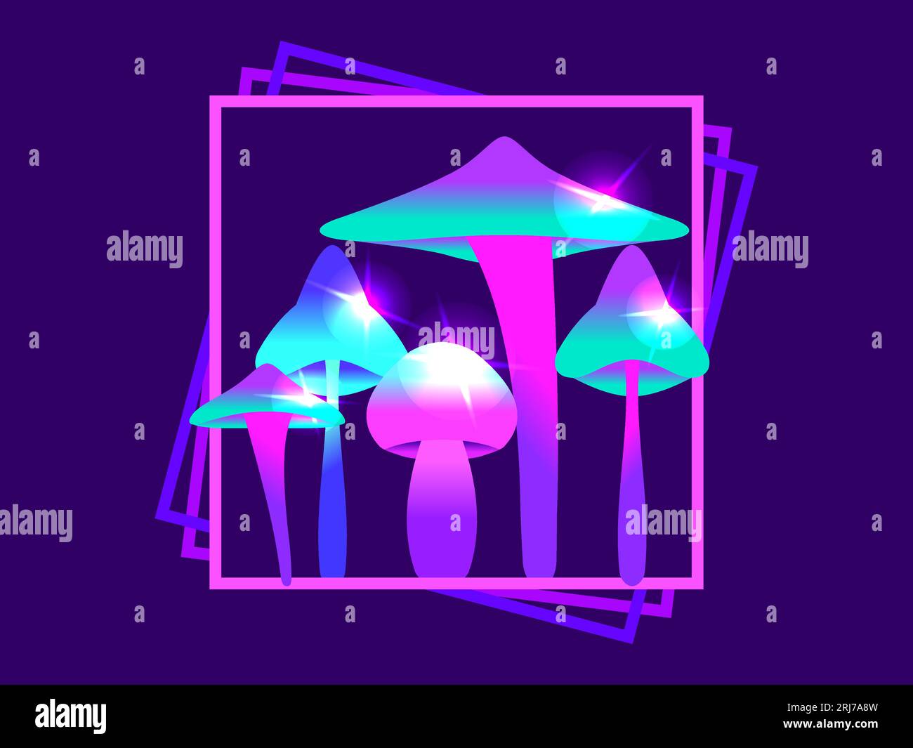 Magic mushrooms in a square frame. Fairy mushrooms with a bright glow ...