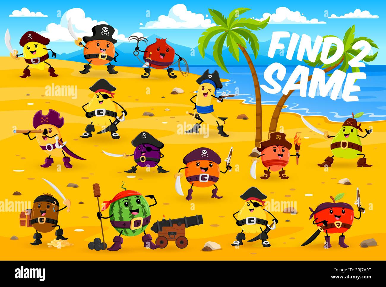 Find two same cartoon fruit pirates and corsairs characters game. Kids ...