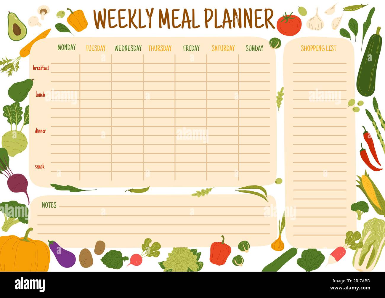 Weekly meal schedule with harvest raw vegetables. Vector week planner ...