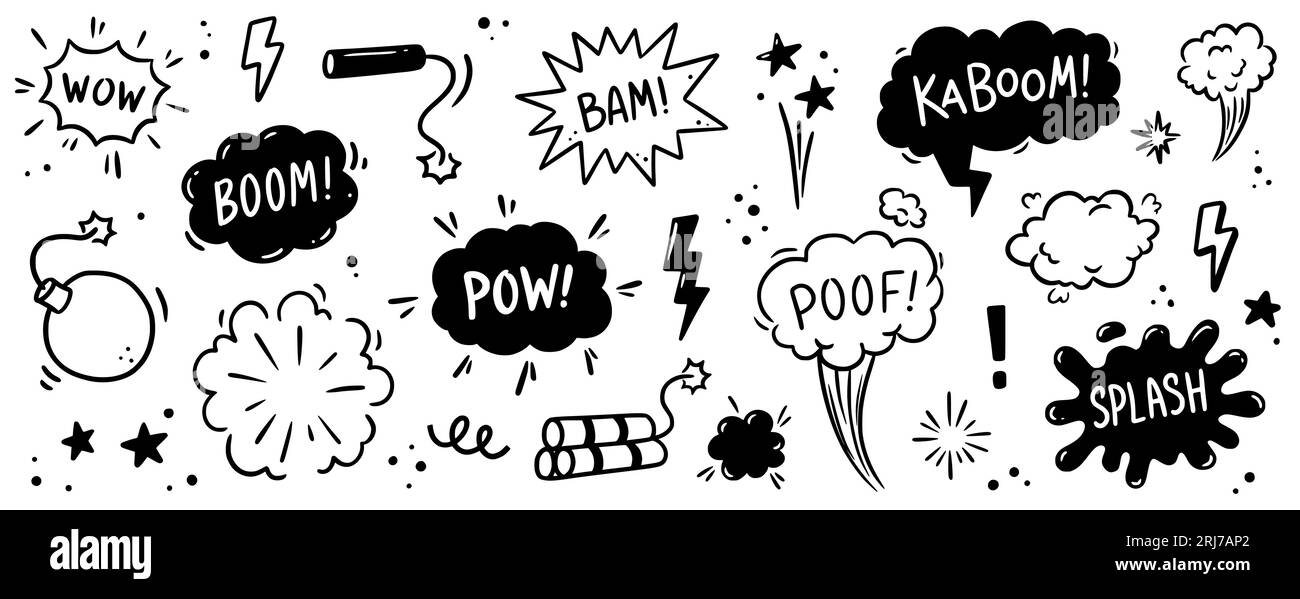 Comic bomb boom vector element. Hand drawn cartoon explosion bomb ...