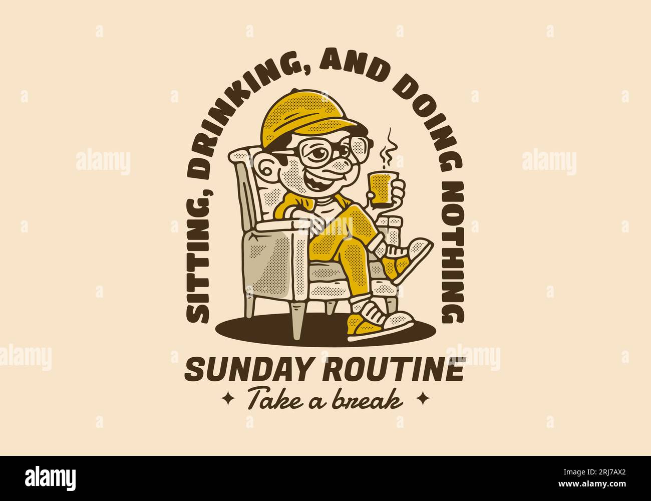 Sunday routine, sitting drinking and doing nothing, illustration of a ...
