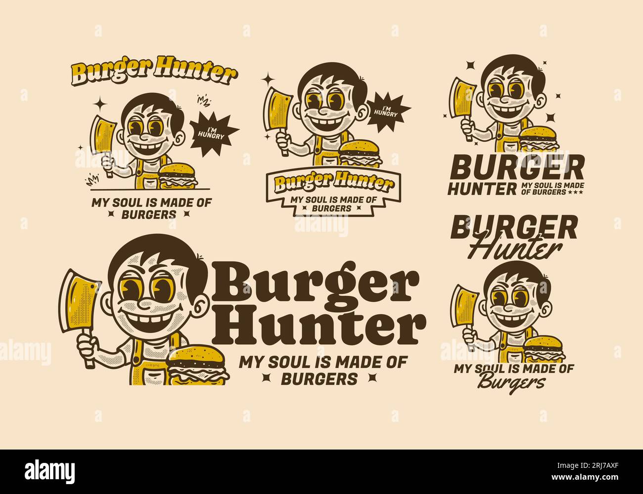 Burger hunter, illustration of a boy holding butcher knife with burger ...