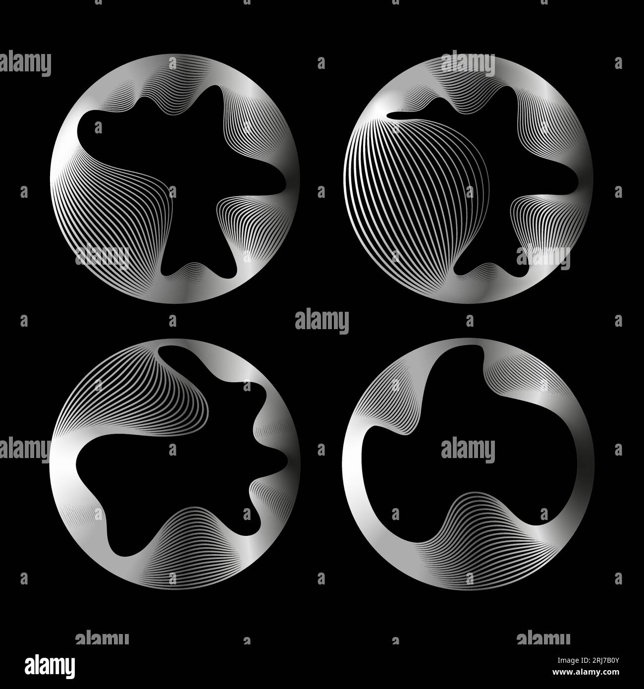Set of glowing circles of silver color round curved shape with wavy ...