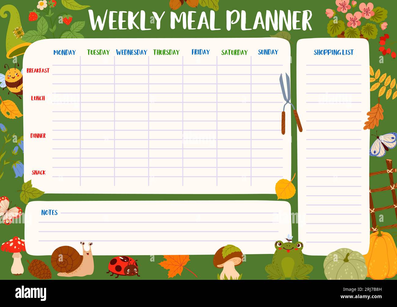 Weekly meal planner with autumn leaves, animals, plants and garden ...