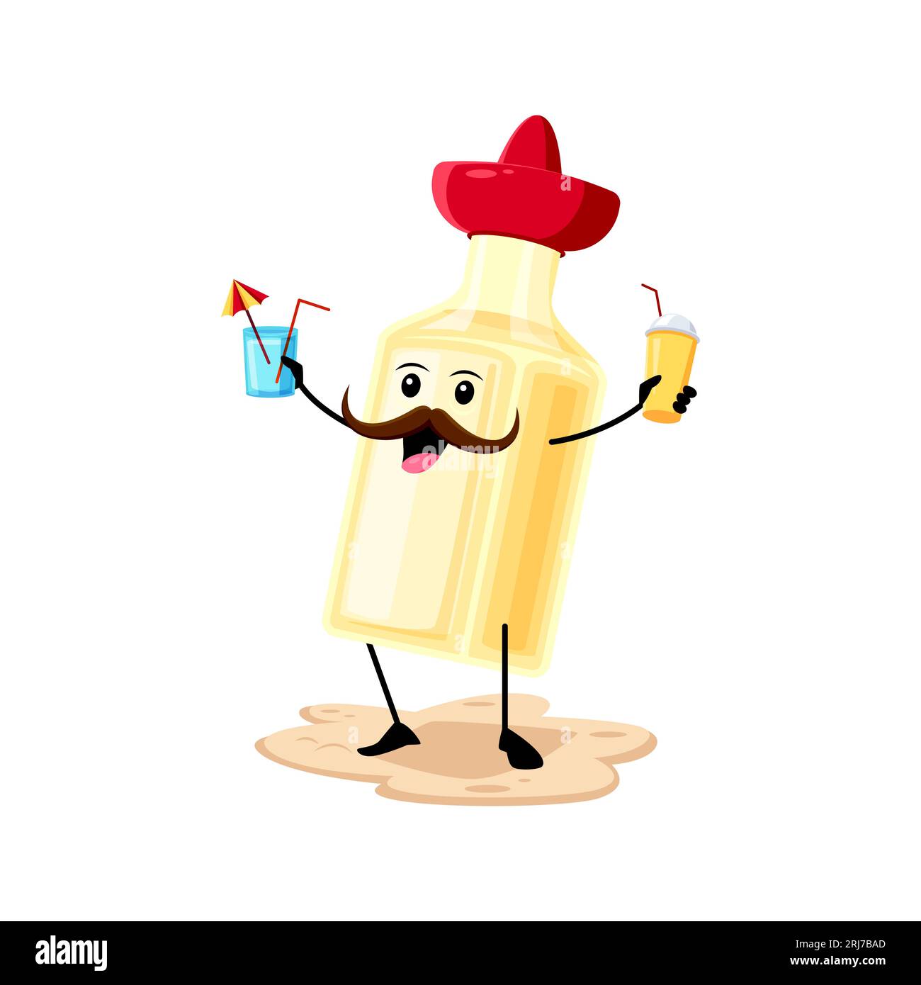 Cartoon funny tequila bottle character with cocktail on summer vacation ...