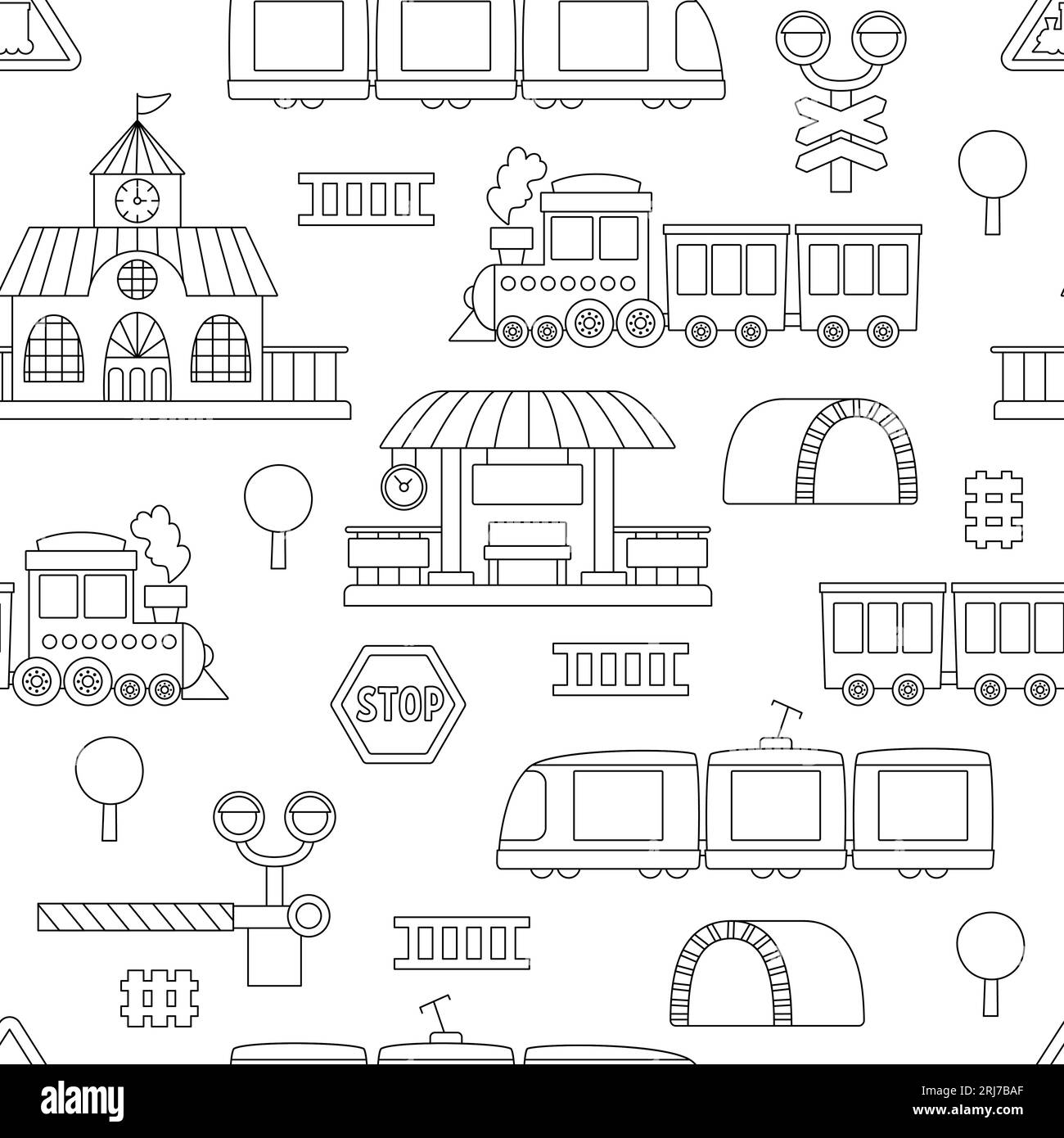 Vector black and white railway transport seamless pattern. Funny line ...