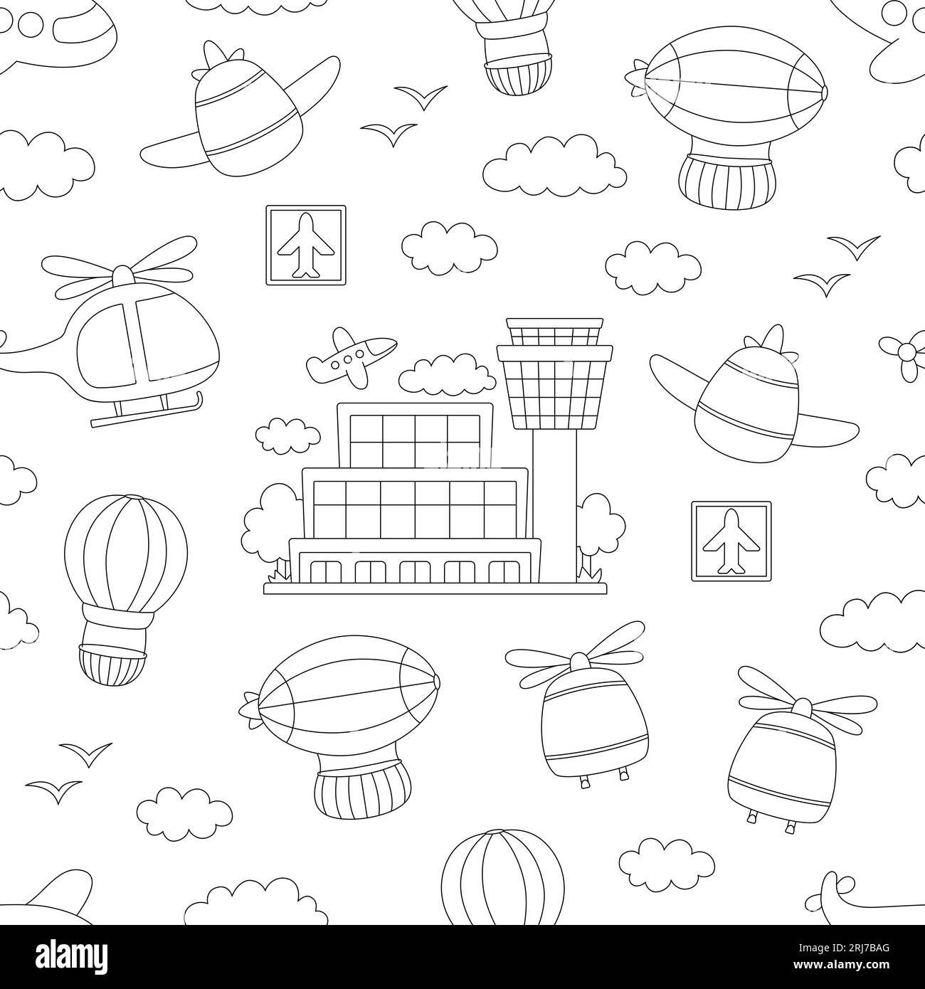 Vector black and white air transport seamless pattern. Funny line ...