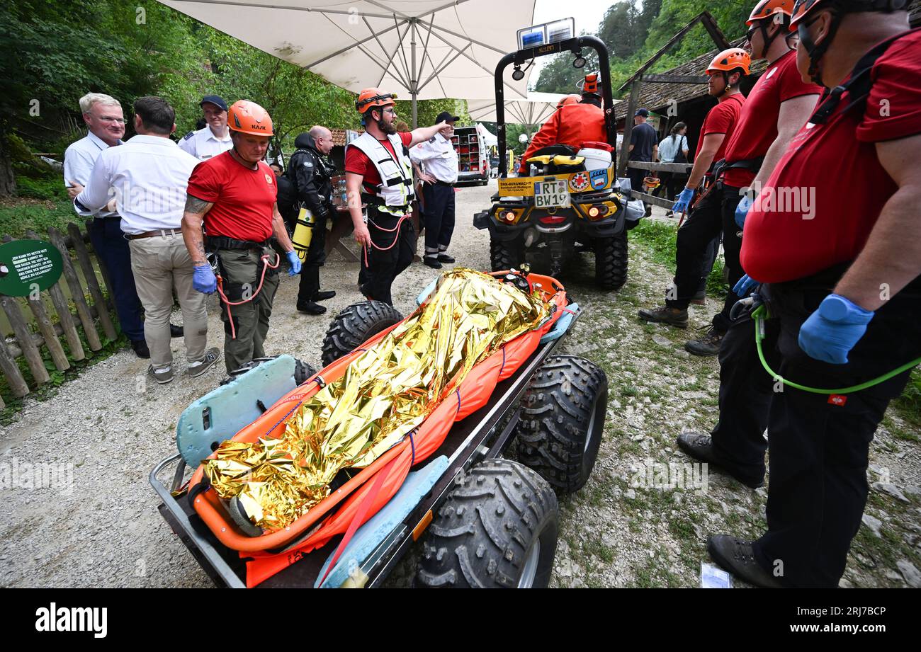 Hayingen, Germany. 21st Aug, 2023. A cave rescue team from Malteser ...