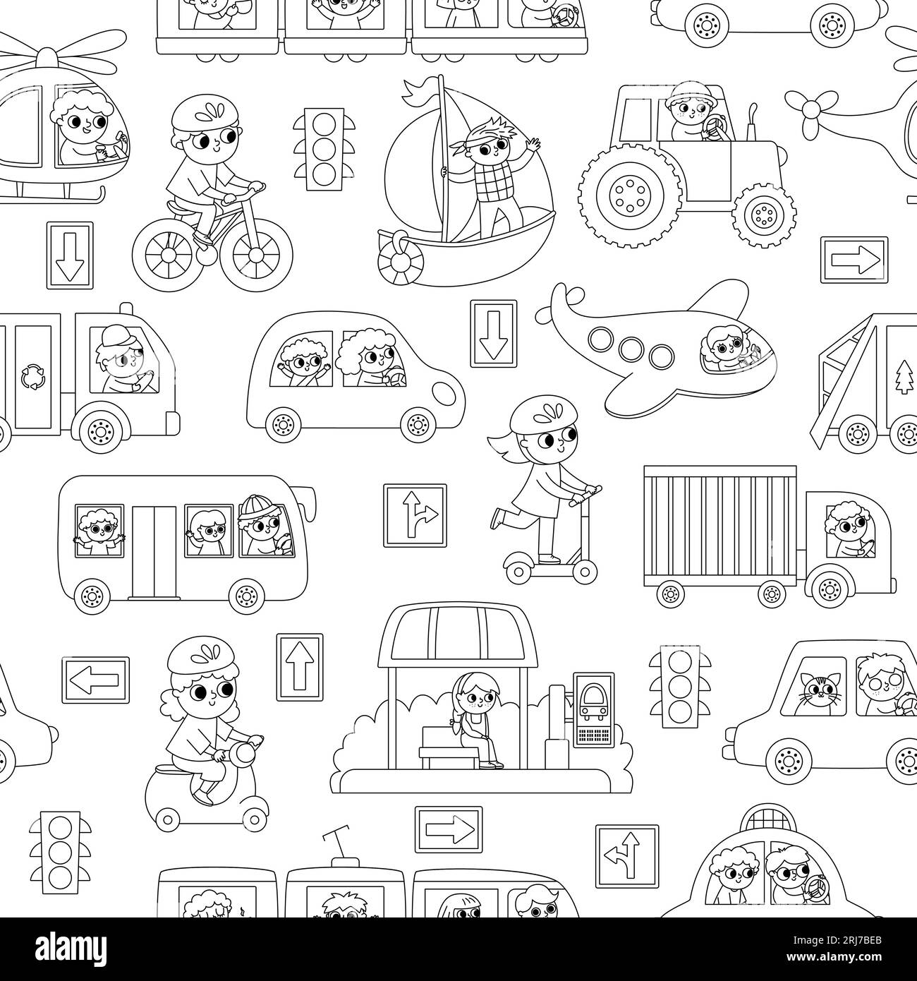 Vector black and white transportation seamless pattern with children ...