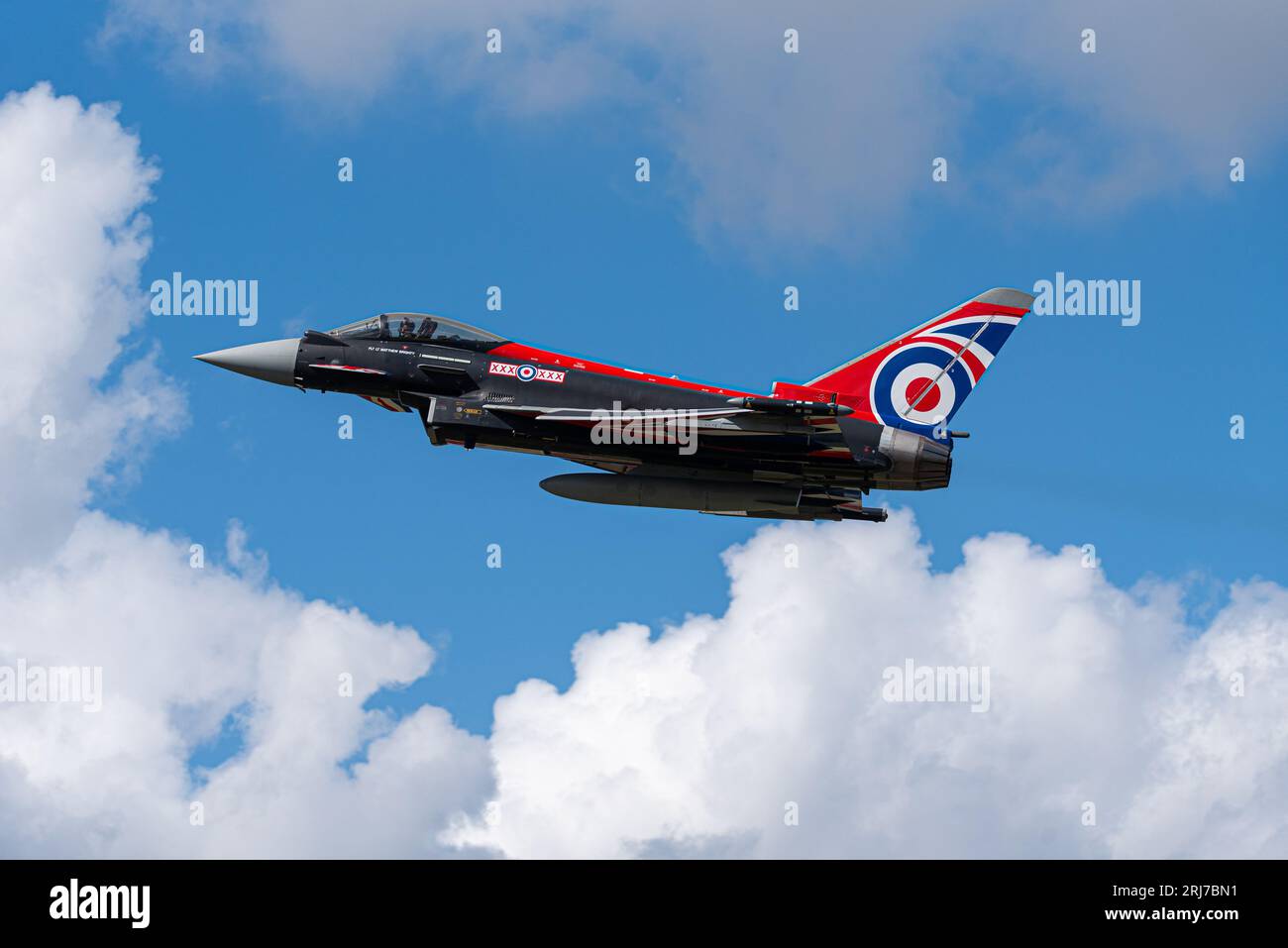 Patriotic RAF Eurofighter Typhoon FGR4 fighter jet at London Southend Airport, Essex, UK. Using ...
