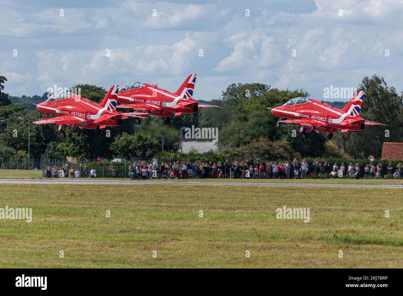 RAF Red Arrows jets taking off from London Southend Airport, Essex, UK. Using the airport to ...