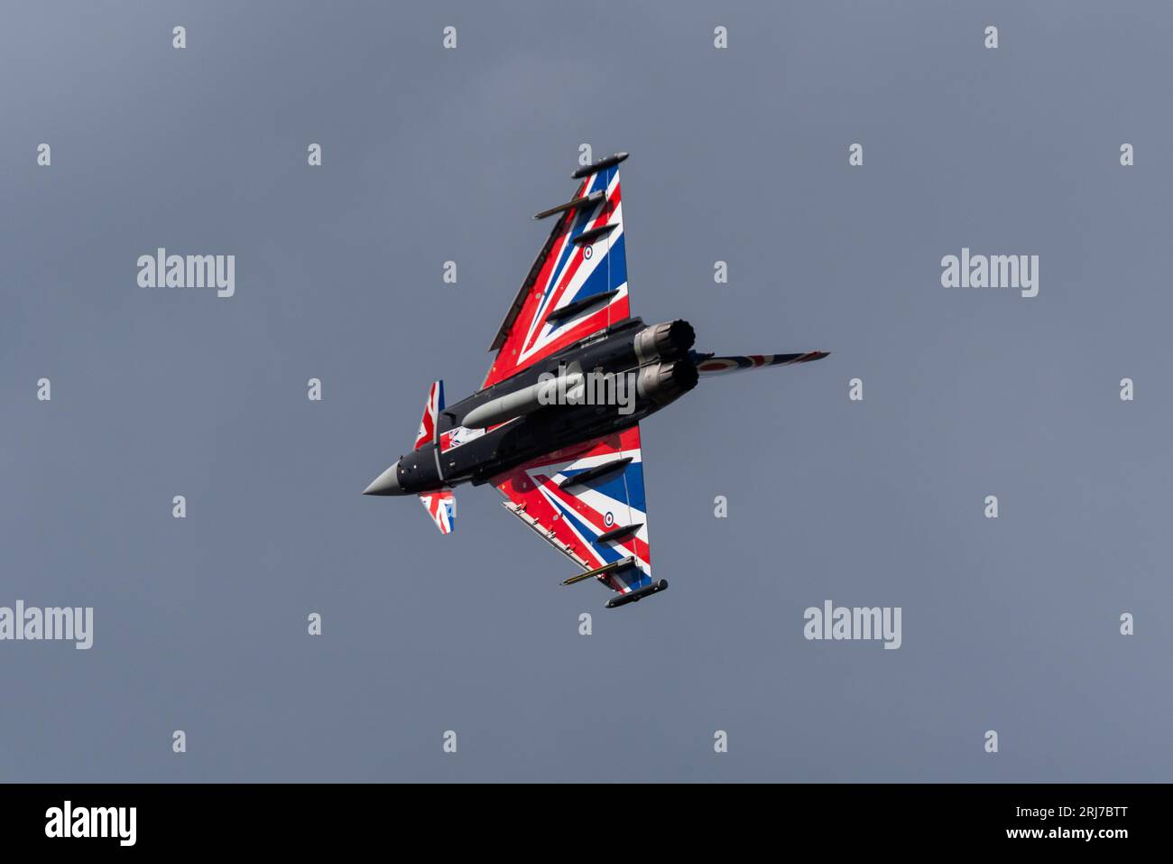 RAF Eurofighter Typhoon FGR4 fighter jet flying at London Southend Airport, Essex, UK. Using the ...