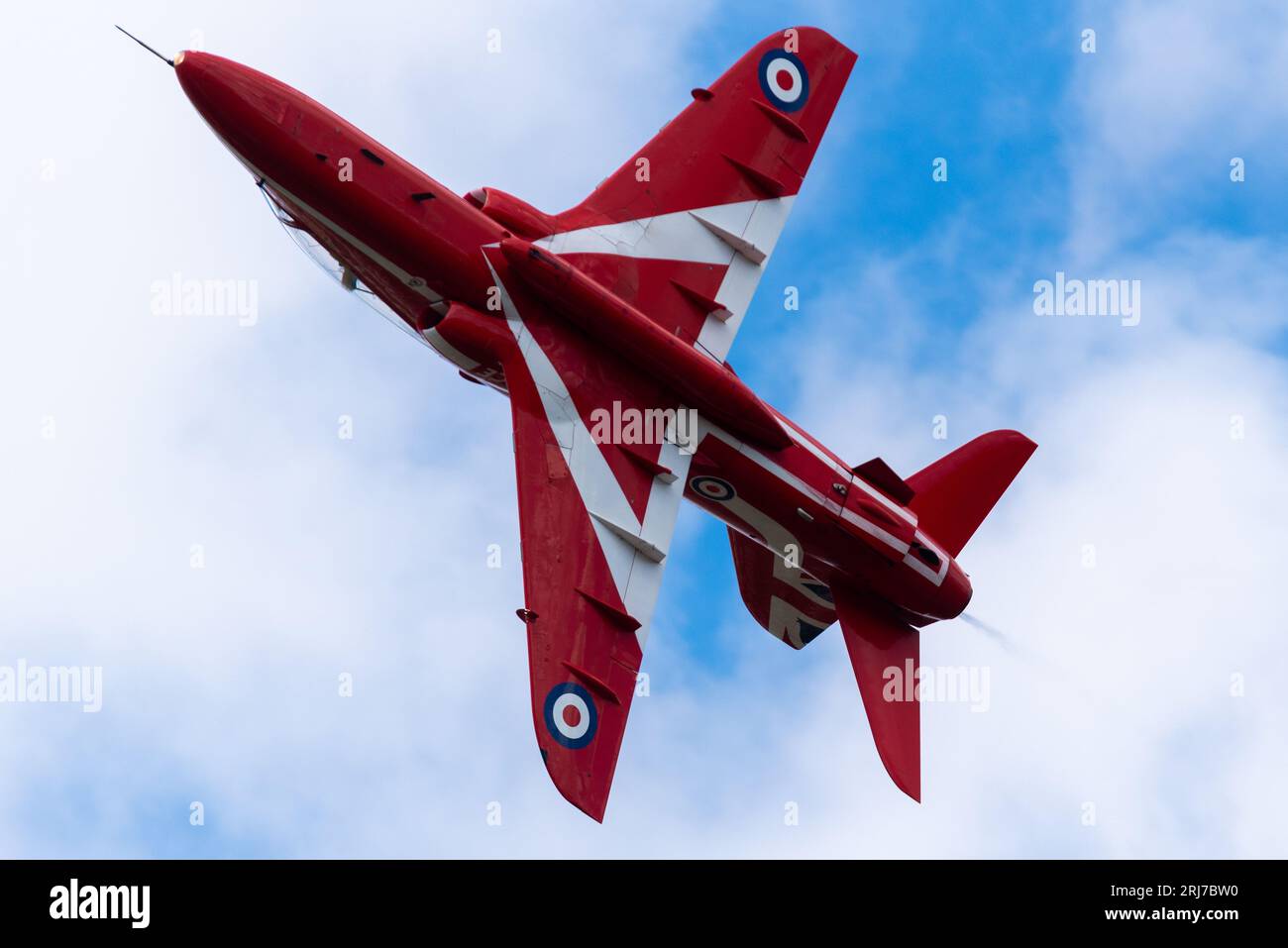 RAF Red Arrows jet plane flying overhead at London Southend Airport ...