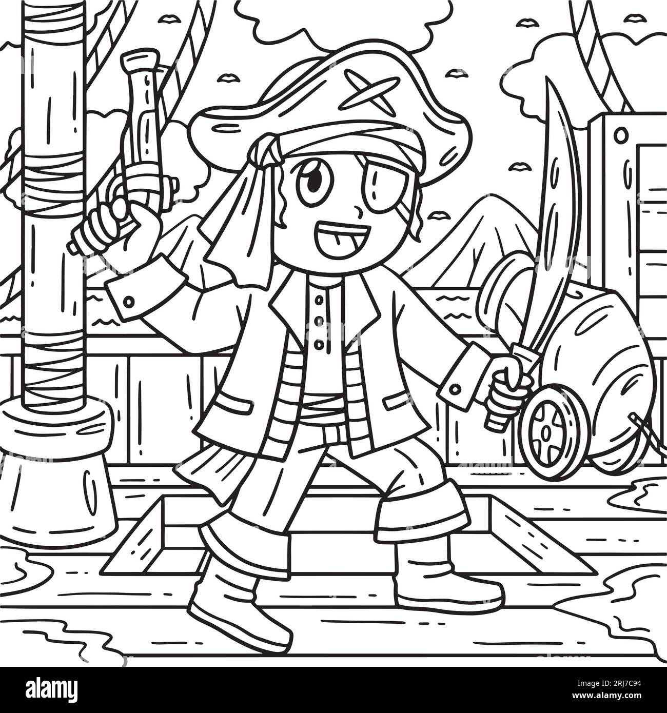 Pirate with Gun and Cutlass Coloring Page for Kids Stock Vector Image ...