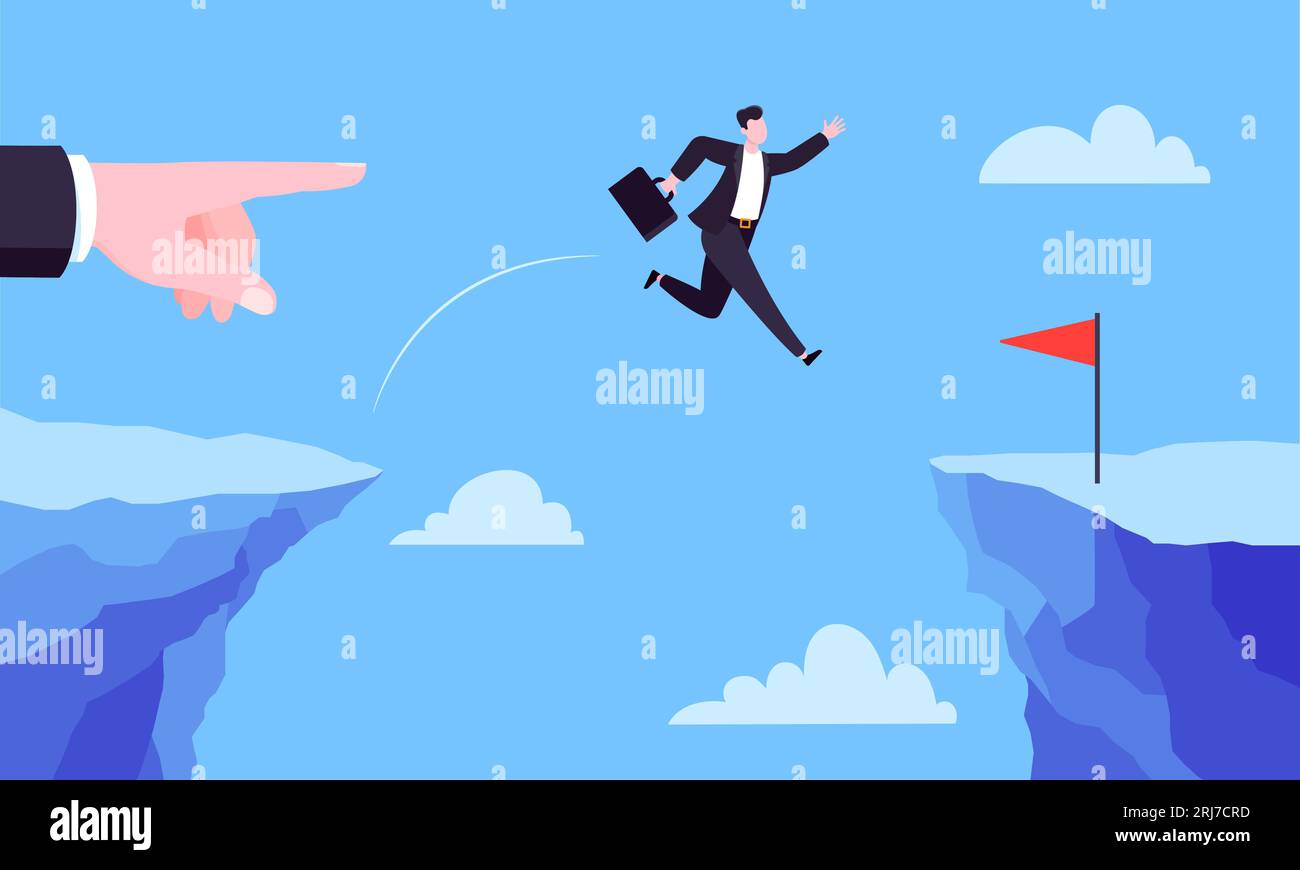 Businessman jumps over the abyss across the cliff flat style design vector illustration ...