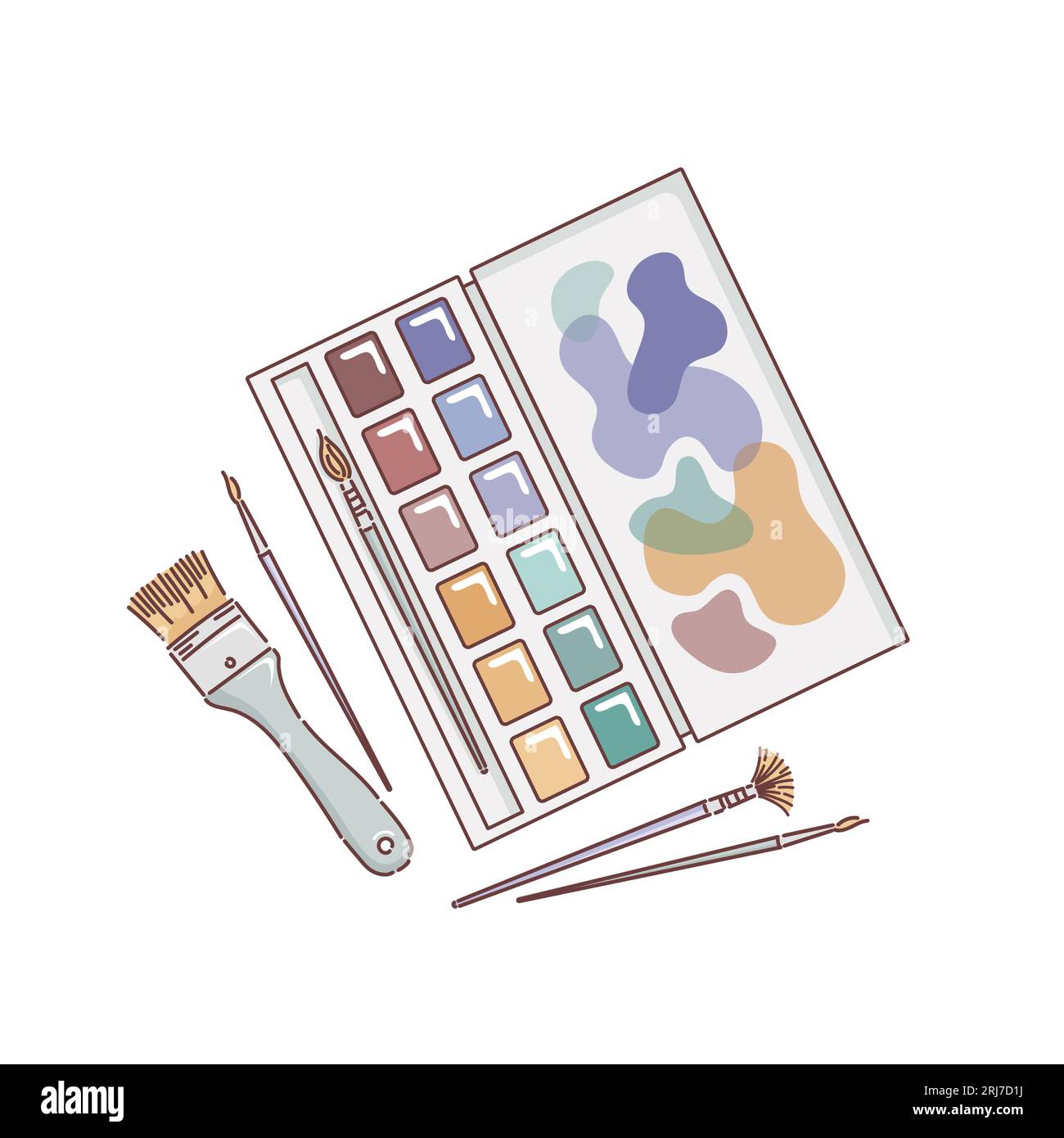 Watercolor paints in cuvettes, a palette, a set of different artistic ...
